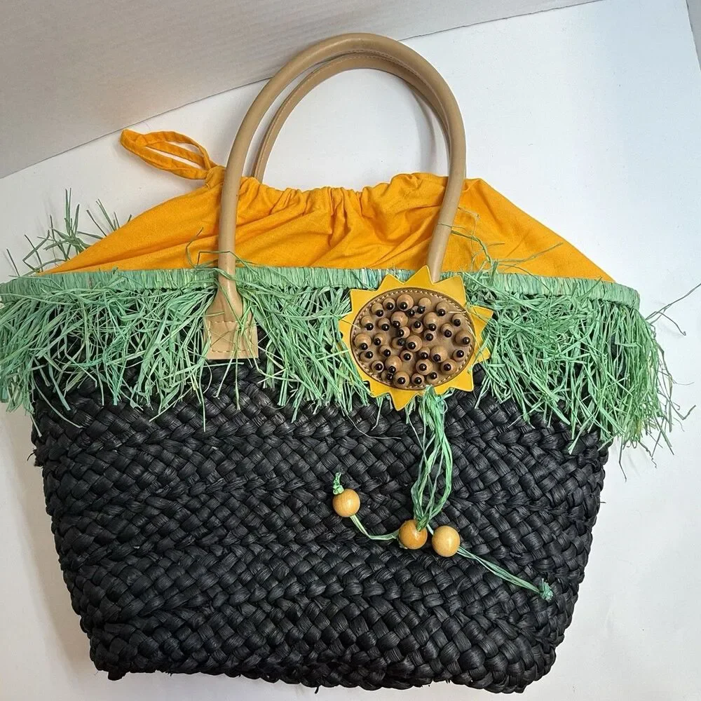Michael Simon | Bags | Michael Simon Leather And Wood Flower Straw ...